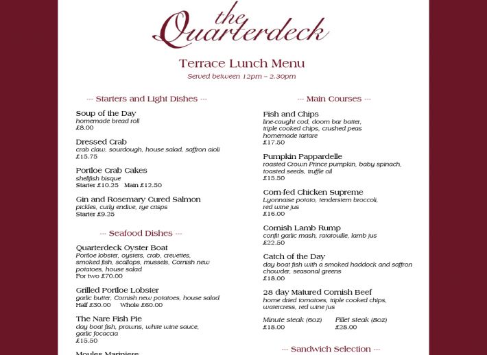 Restaurants in Cornwall - The Quarterdeck restaurant